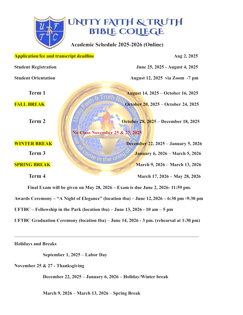 School Calendar – Unity Faith and Truth Bible College